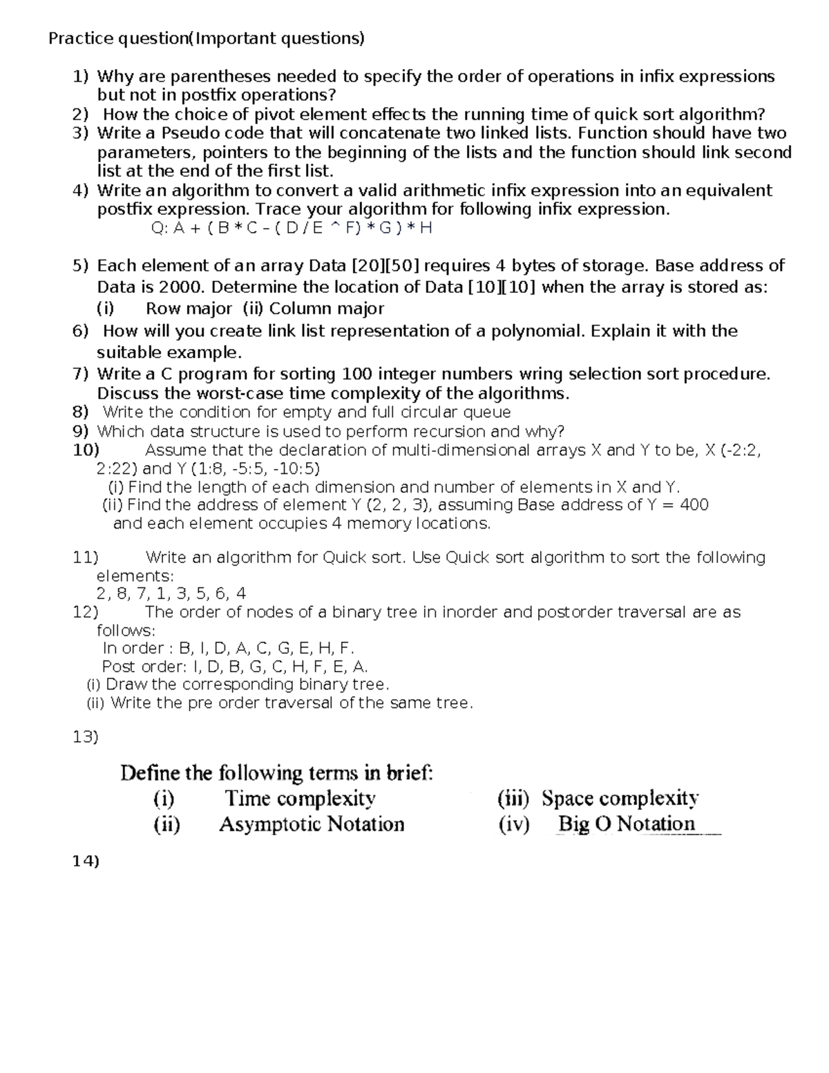 CS101: Mandatory Practice Questions on Data Structures and Algorithms - Studocu