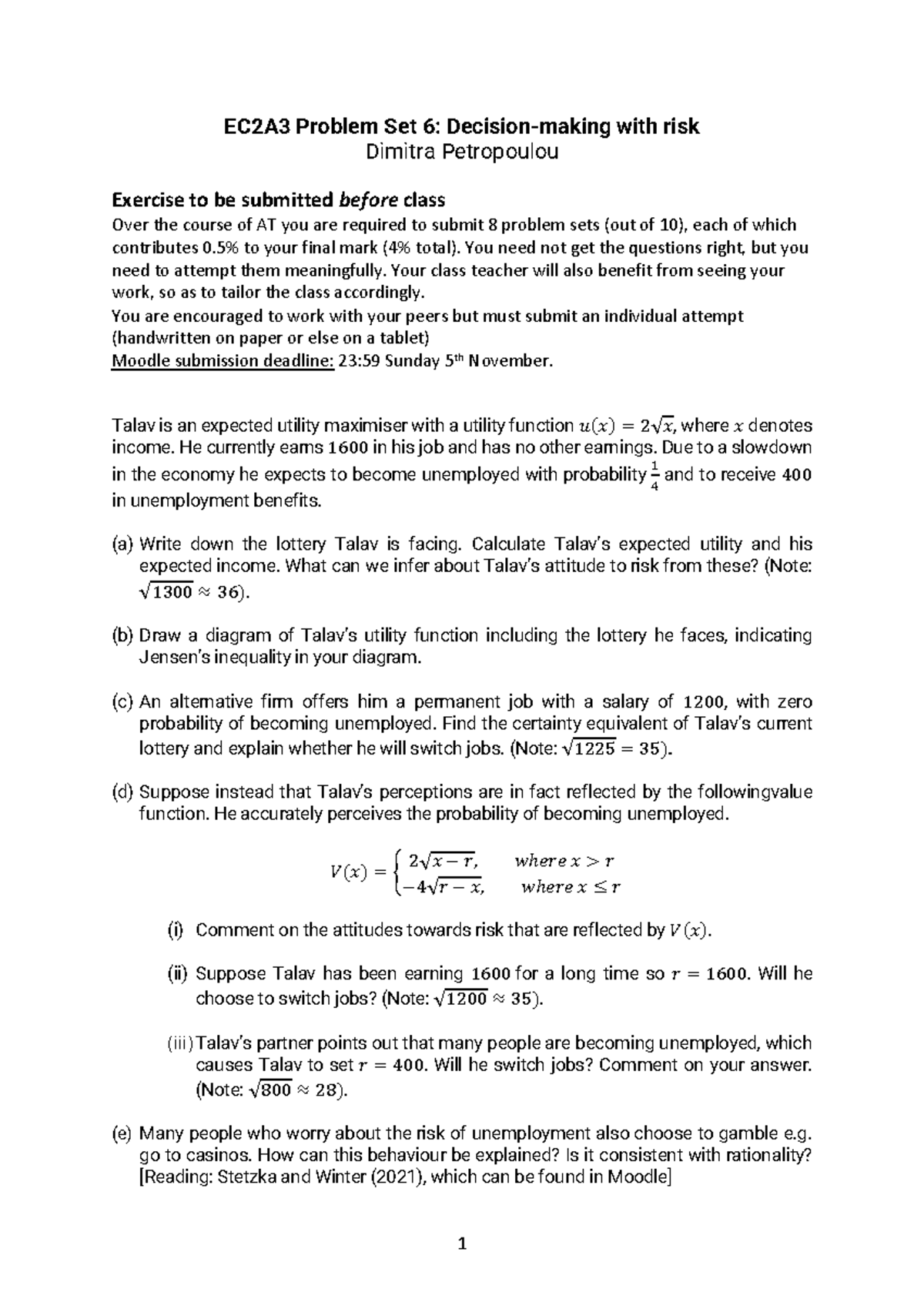 EC2A3 Problem Set 6: Decision-Making Under Risk Analysis - Studocu