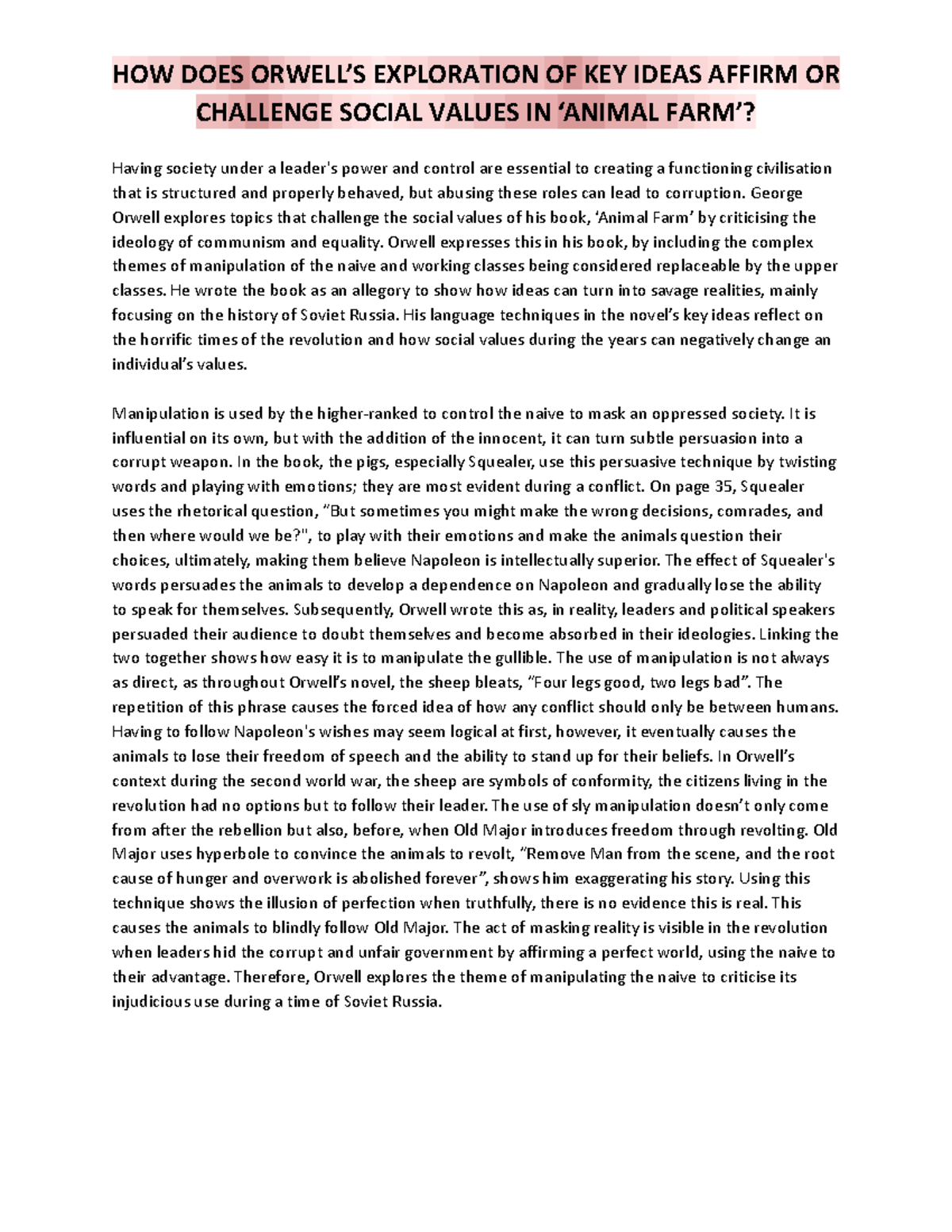 English essay - Animal Farm - HOW DOES ORWELL’S EXPLORATION OF KEY ...