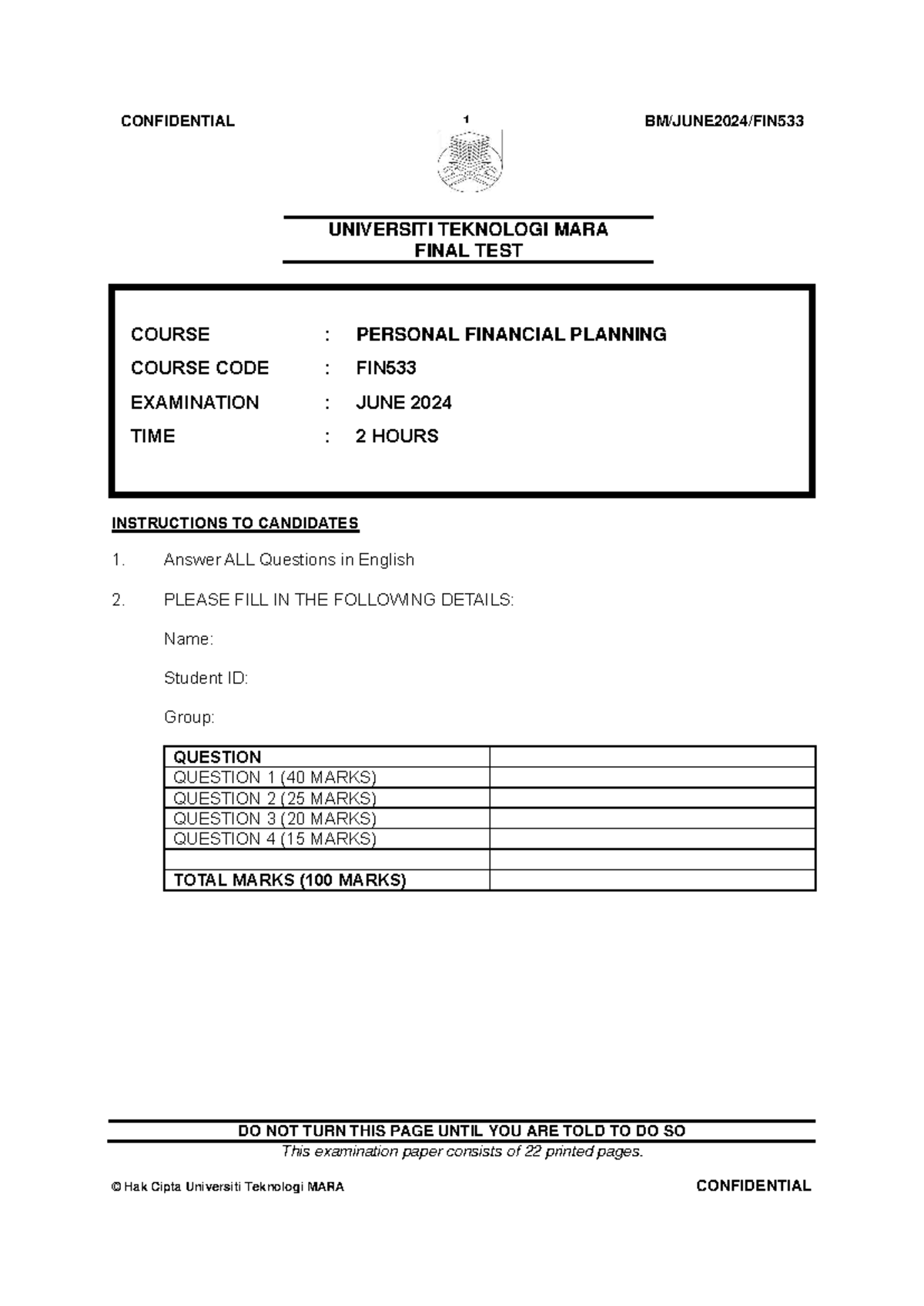 Final Test FIN533: Personal Financial Planning Analysis - June 2024 ...