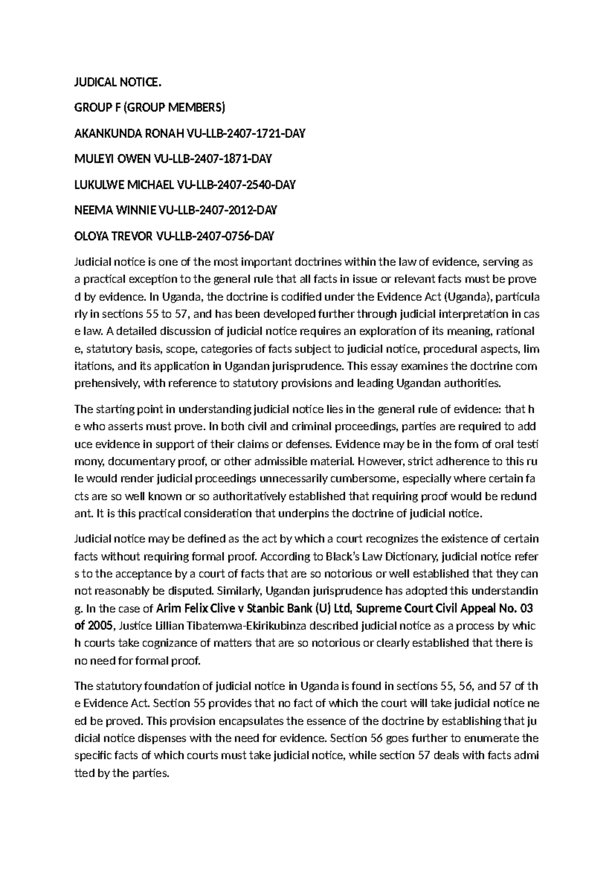 Judicial Notice in Uganda: An Analysis of Evidence Act Sections 55-57 ...