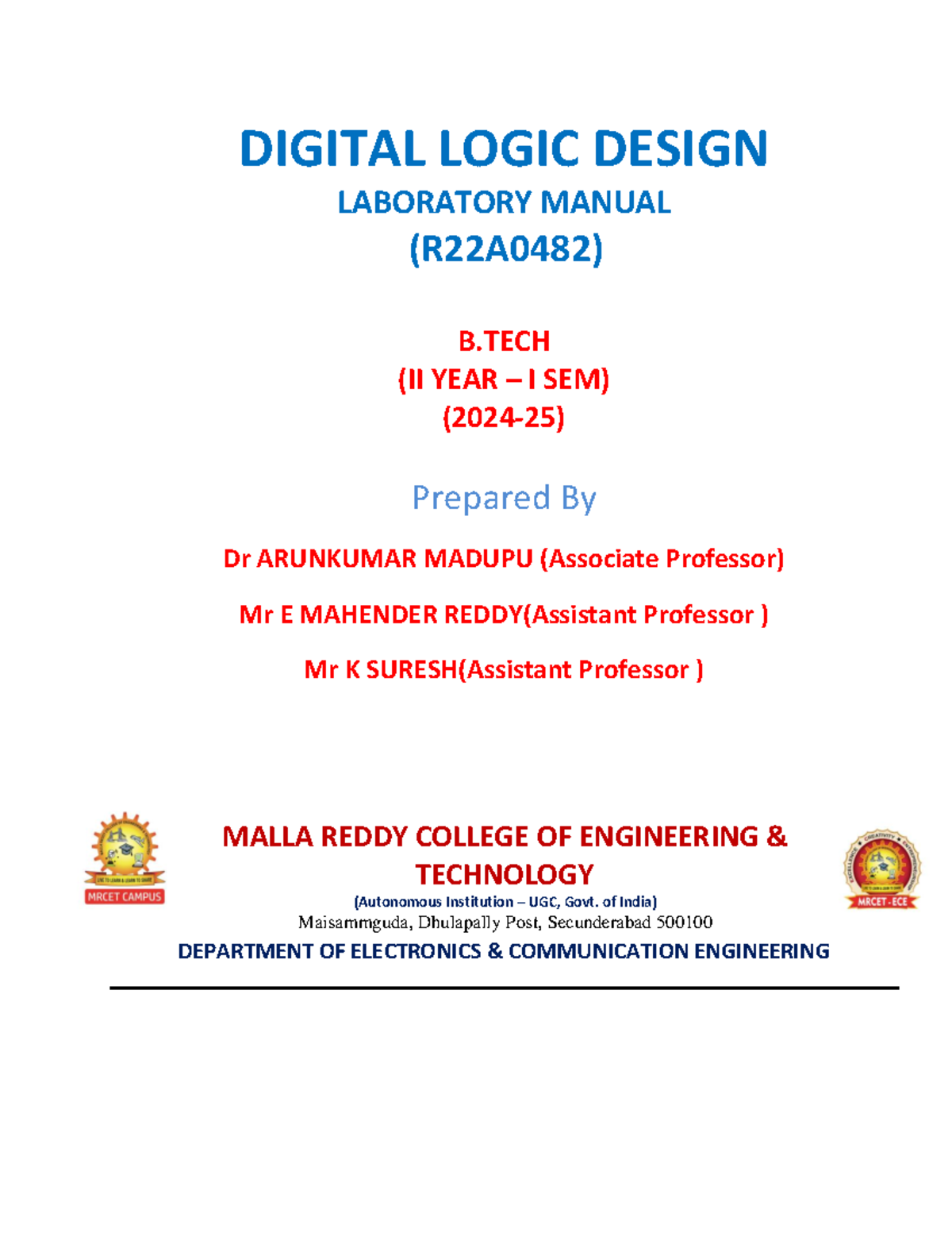 Digital Logic Design Lab Manual (R22A0482) for B.Tech II Year - Studocu