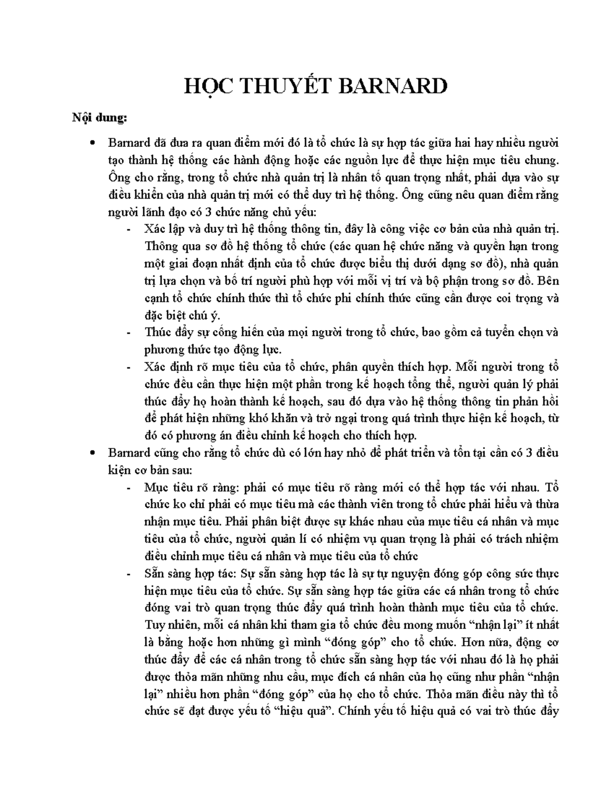 HỌC THUYẾT BARNARD: Nguyên Tắc Quản Trị và Tổ Chức - Studocu
