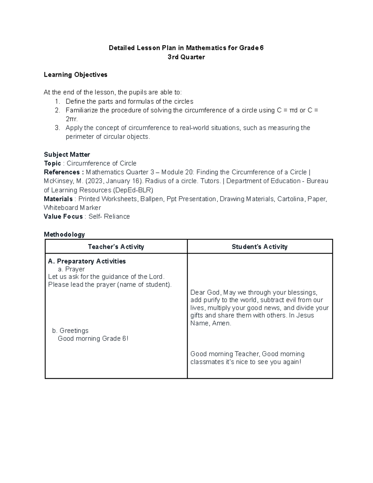 Math 6 Lesson Plan: Understanding Circumference of Circles - Studocu