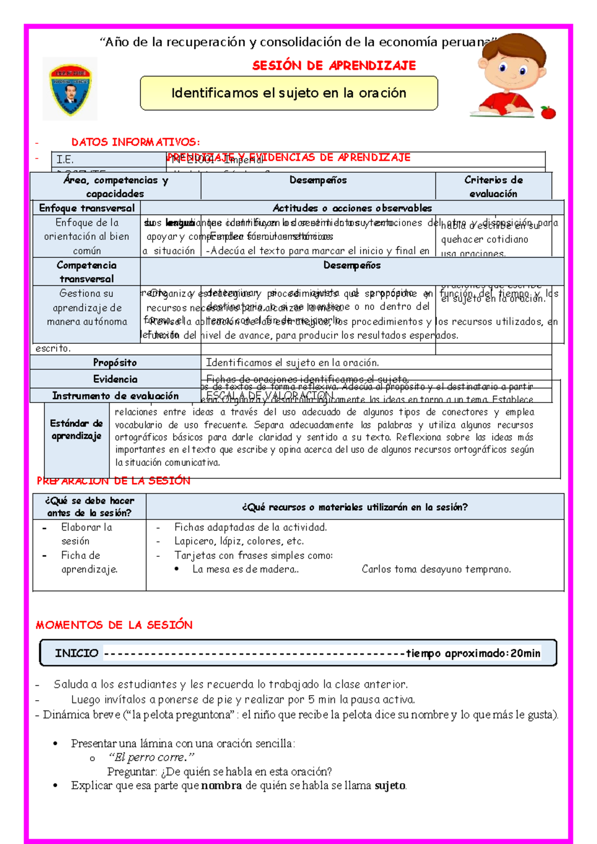 Sesión de Aprendizaje: Identificación del Sujeto en Oraciones - Studocu