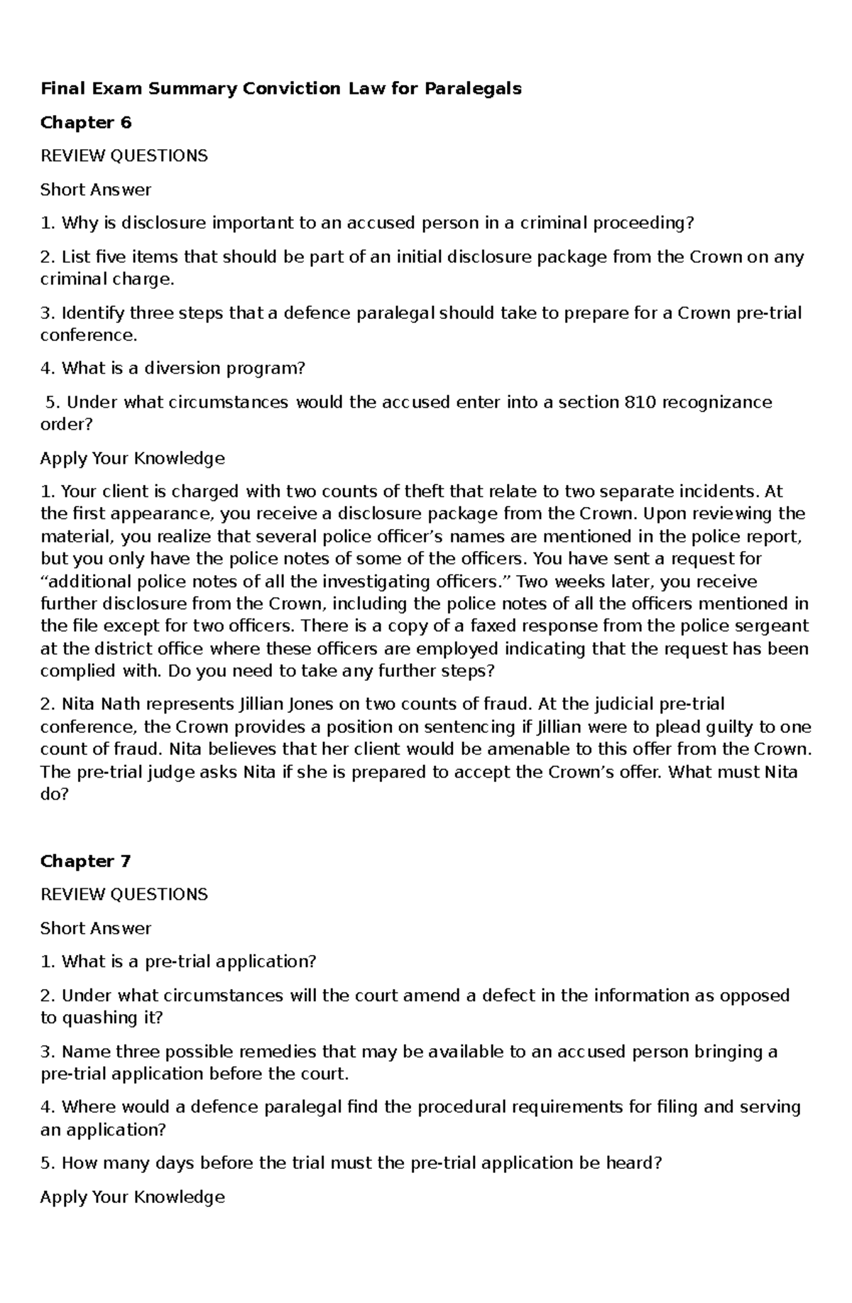 Final Exam Summary: Conviction Law for Paralegals (Chapters 6-10) - Studocu