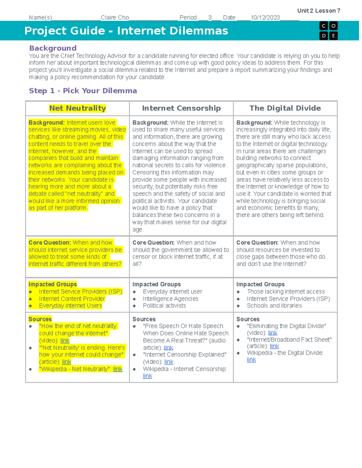 Project Guide - Internet Dilemmas - Unit 2 Lesson 7 Summary - Studocu