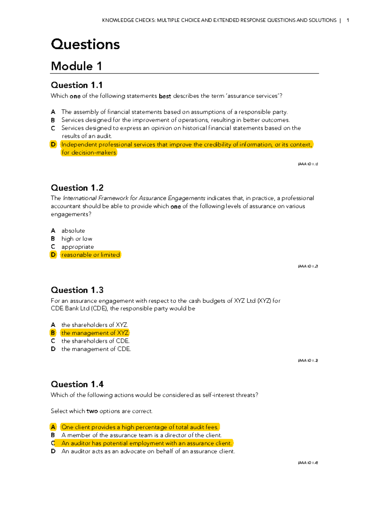 MCQs for AAA Paper - Knowledge Checks and Solutions - Studocu