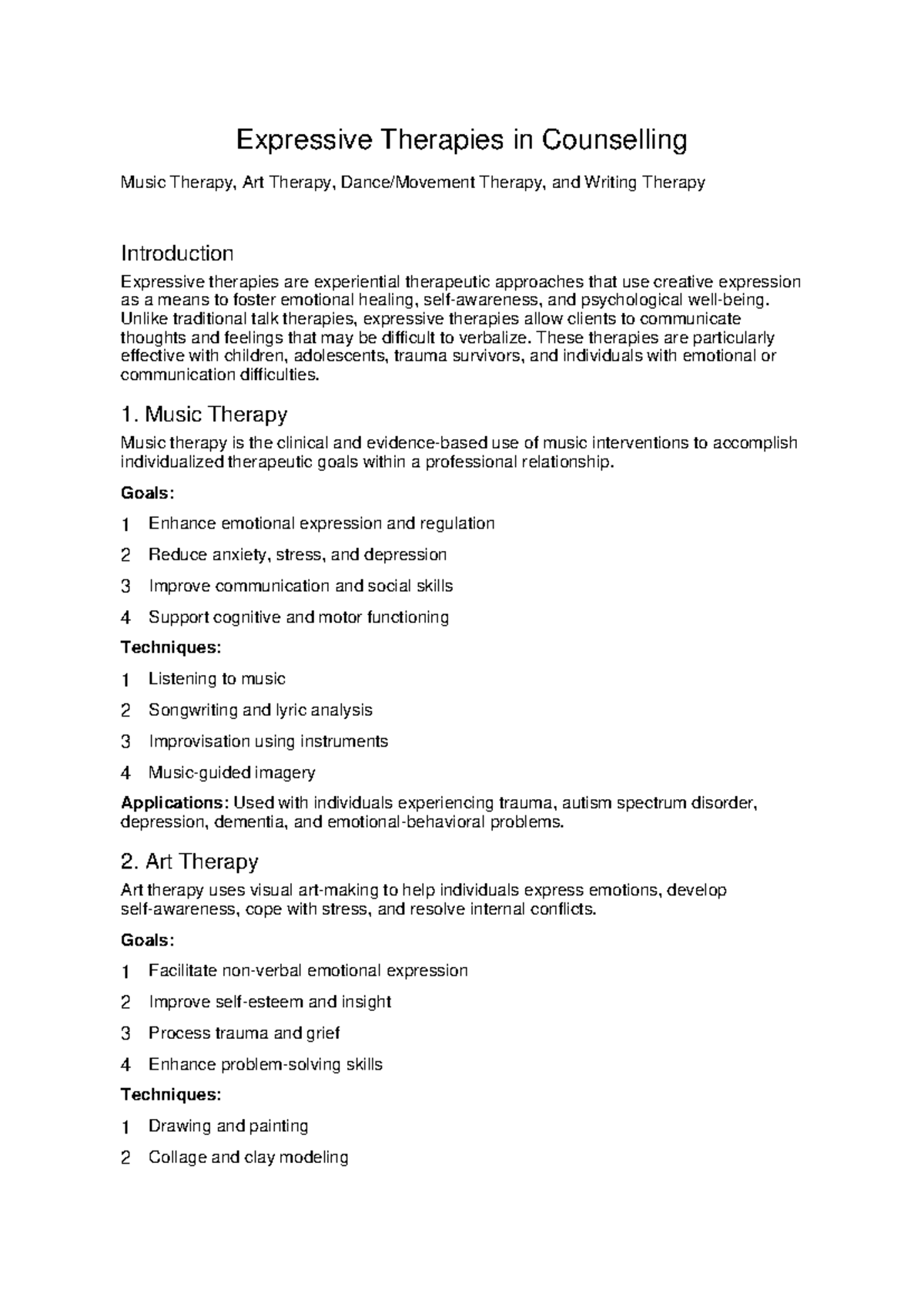 Expressive Therapies in Counselling: Music, Art, Dance & Writing - Studocu