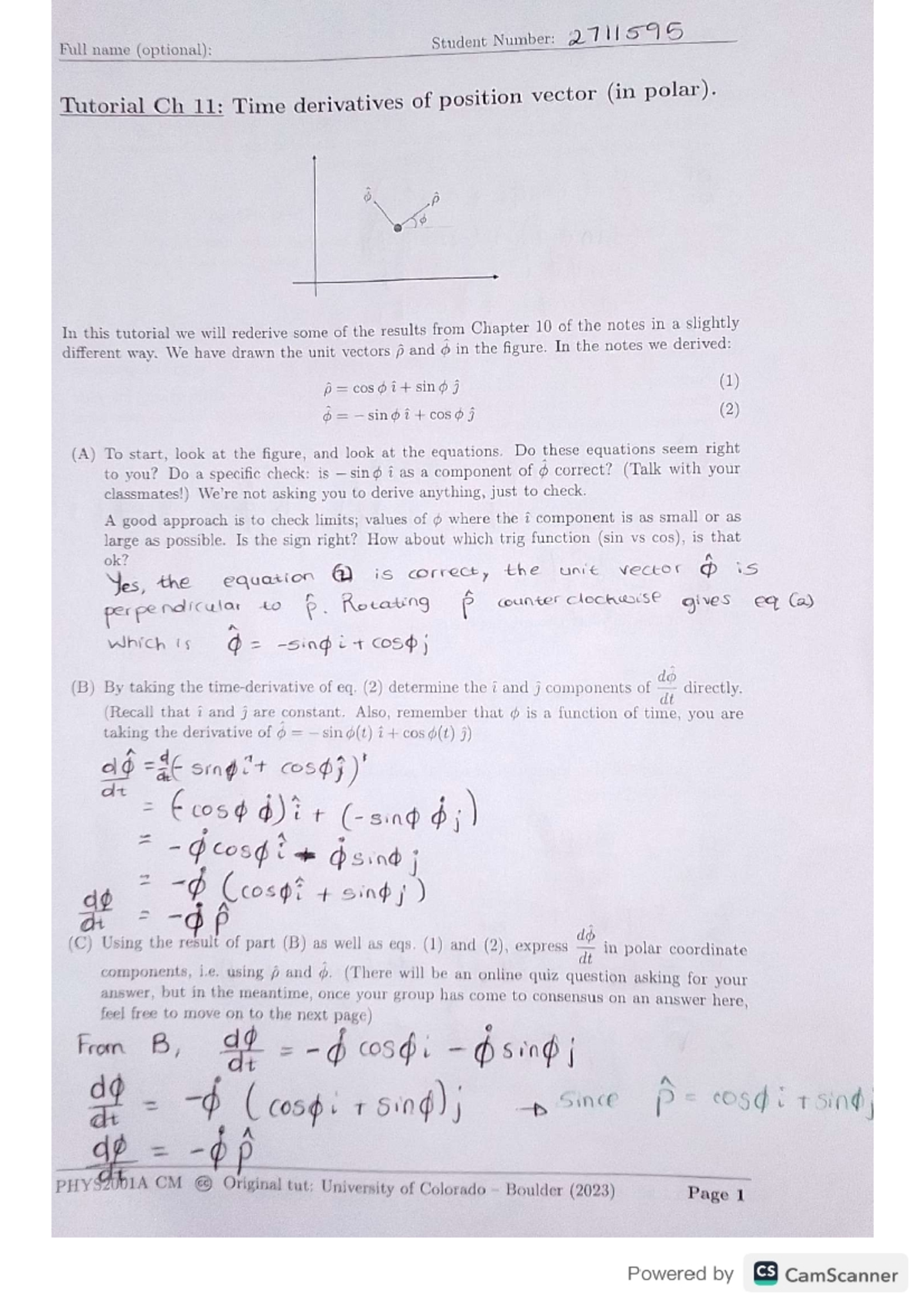 Tutorial PHYS2001A: Time Derivatives of Position Vector in Polar - Studocu