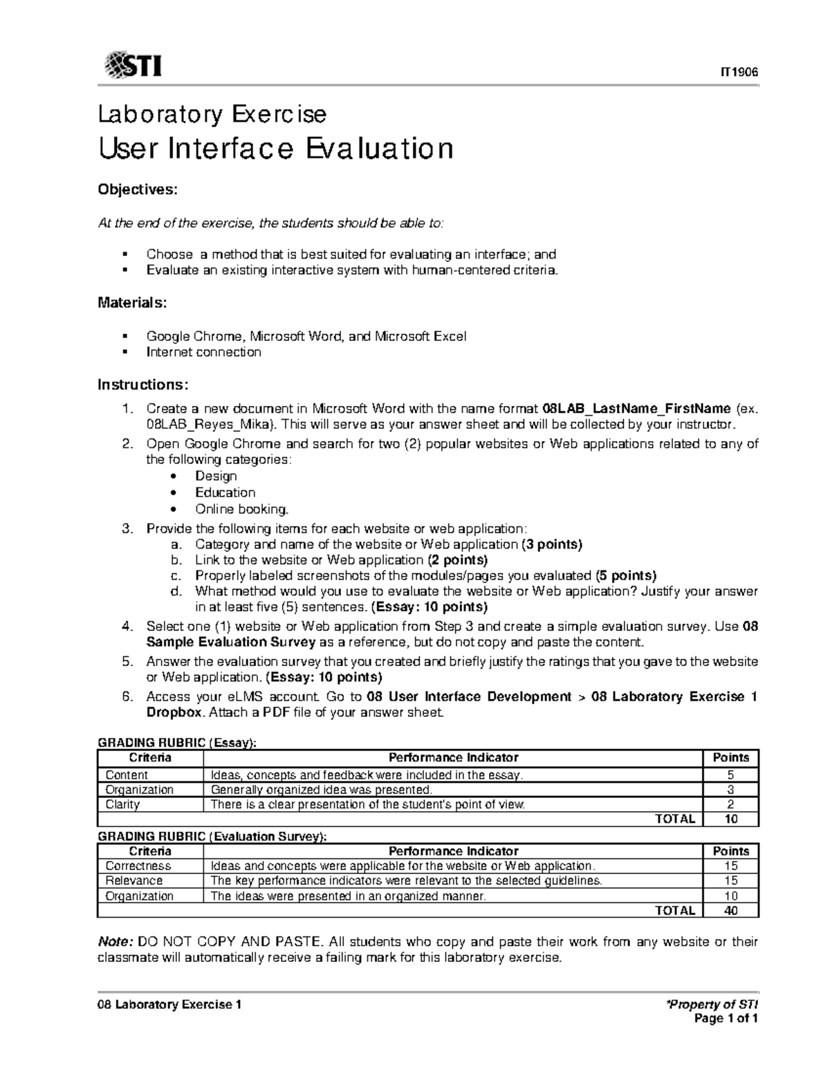 IT1906 Lab Exercise: User Interface Evaluation Guide - Studocu
