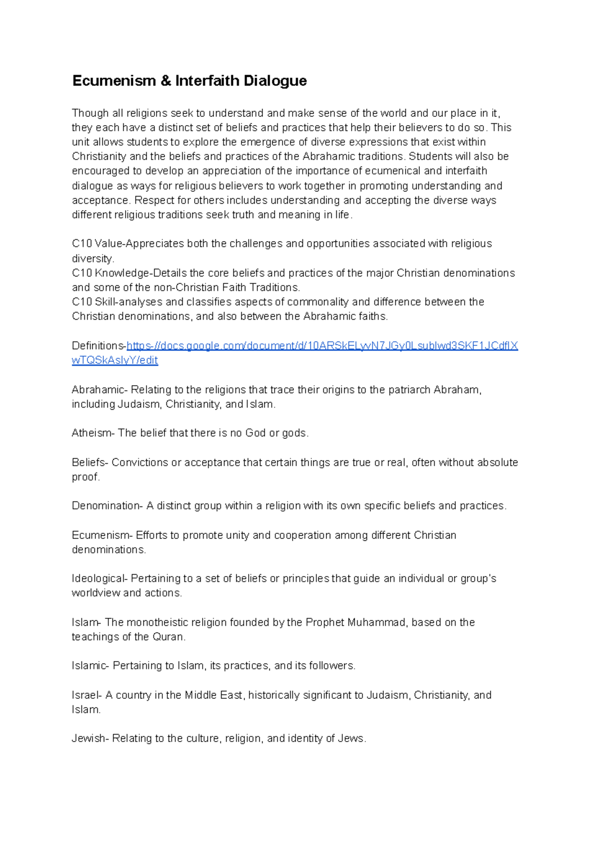 Year 10 Religon Assessment Study Notes Interfaith Dialouge, Eucemenism ...