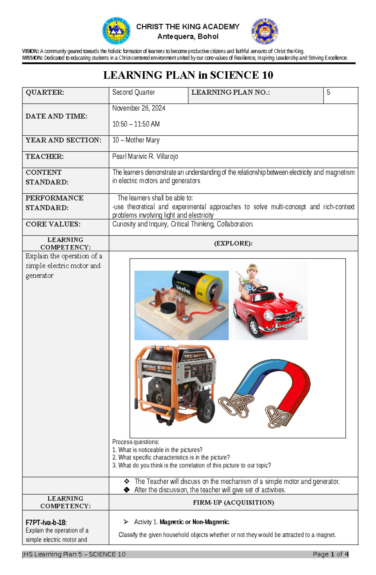 LP Class Observation - learning plan - CHRIST THE KING ACADEMY ...