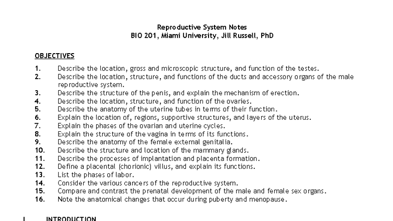 201 Reproductive System Lecture Notes - BIO 201 - Studocu