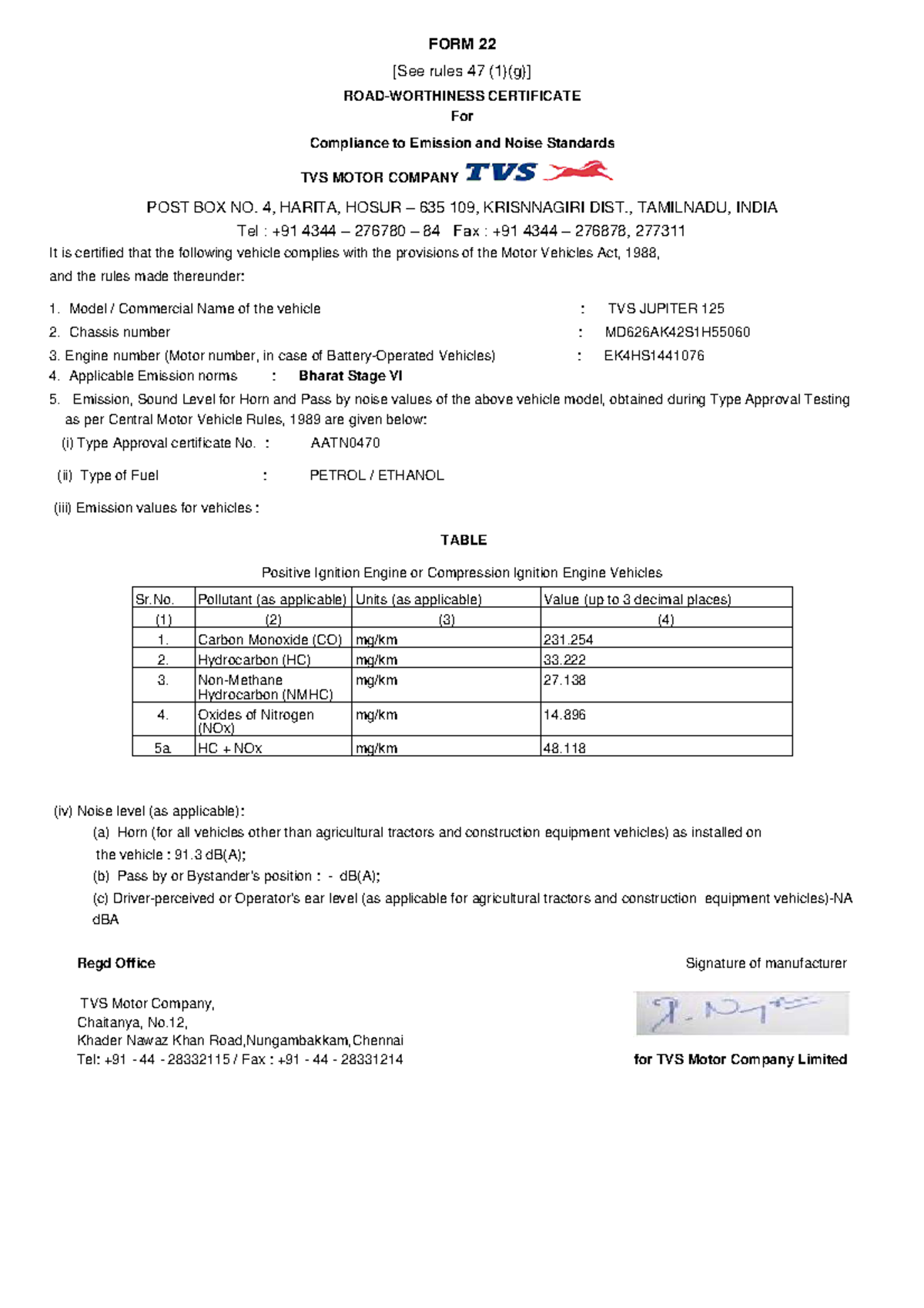 FORM 22 Compliance Certificate for TVS JUPITER 125 Emission Standards ...