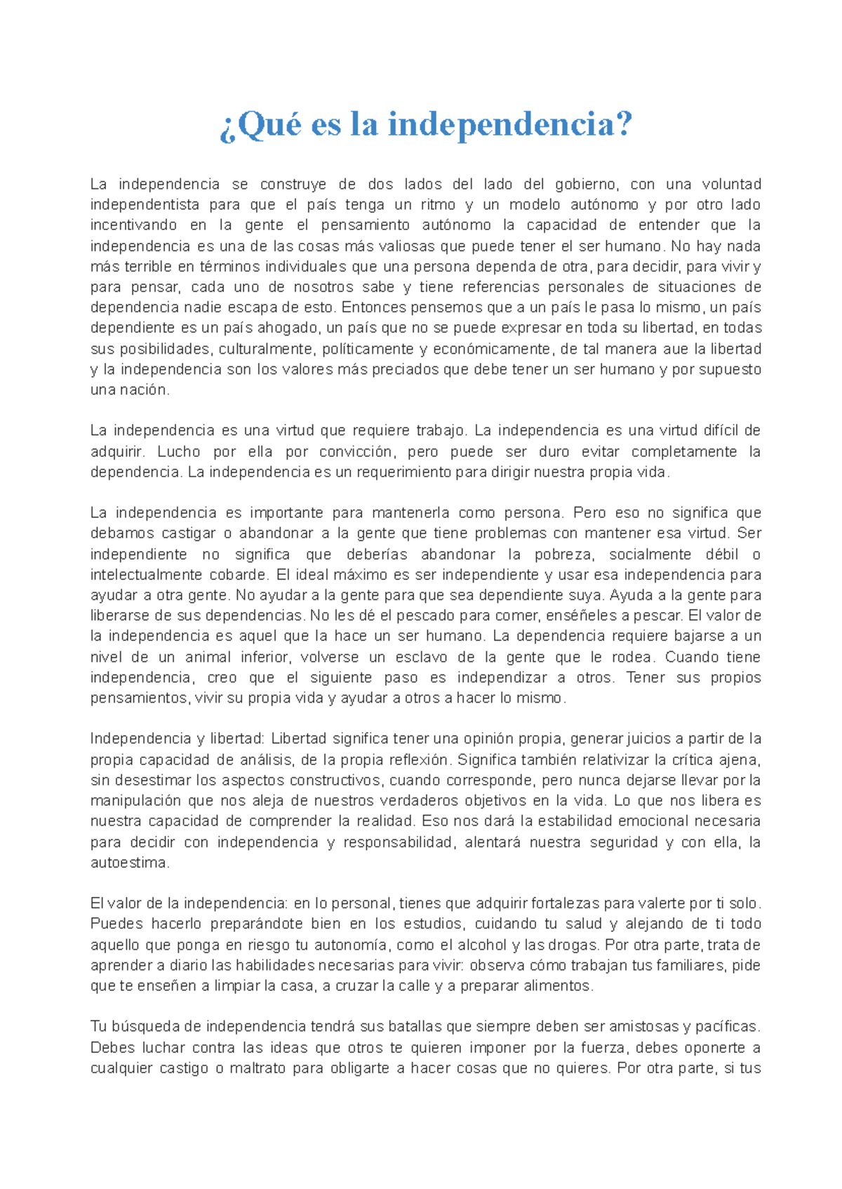 Independencia: Un Valor Fundamental para la Autonomía Personal - Studocu