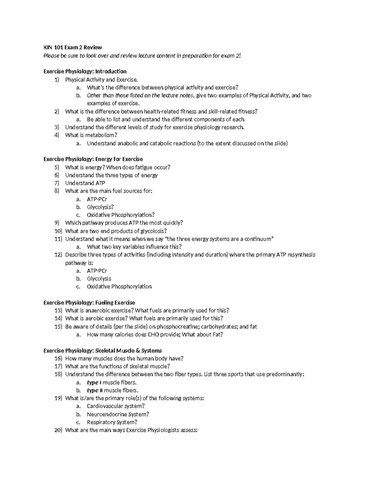 KINES 101 Final Exam Review: Key Topics in Exercise Physiology - Studocu