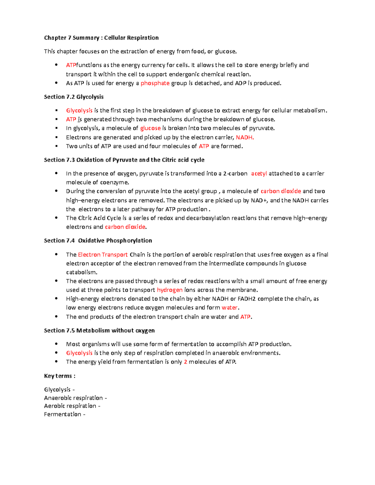 Ch. 7 Cellular Respiration Guied Notes - Complete - Chapter 7 Summary ...