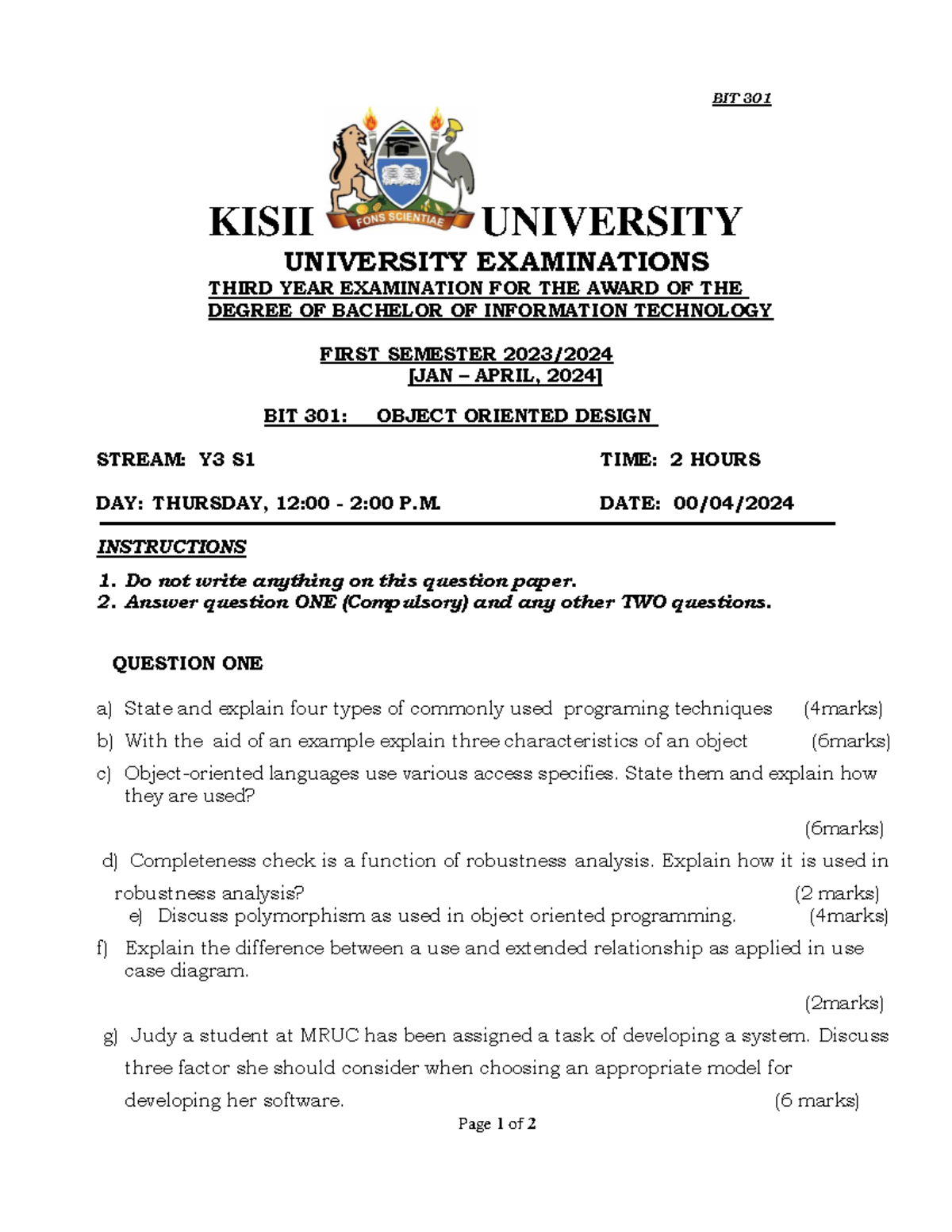 BIT 301 - Object Oriented Design Exam Notes for IT Students - Studocu