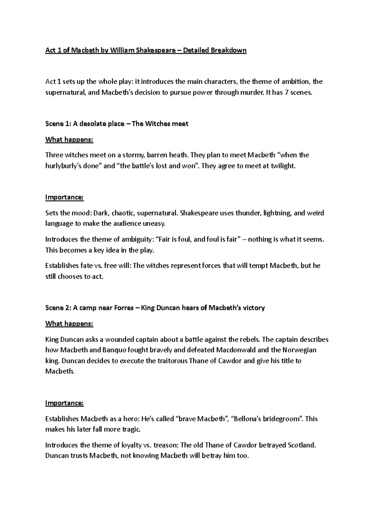 Act 1 Breakdown of Macbeth by Shakespeare - Studocu
