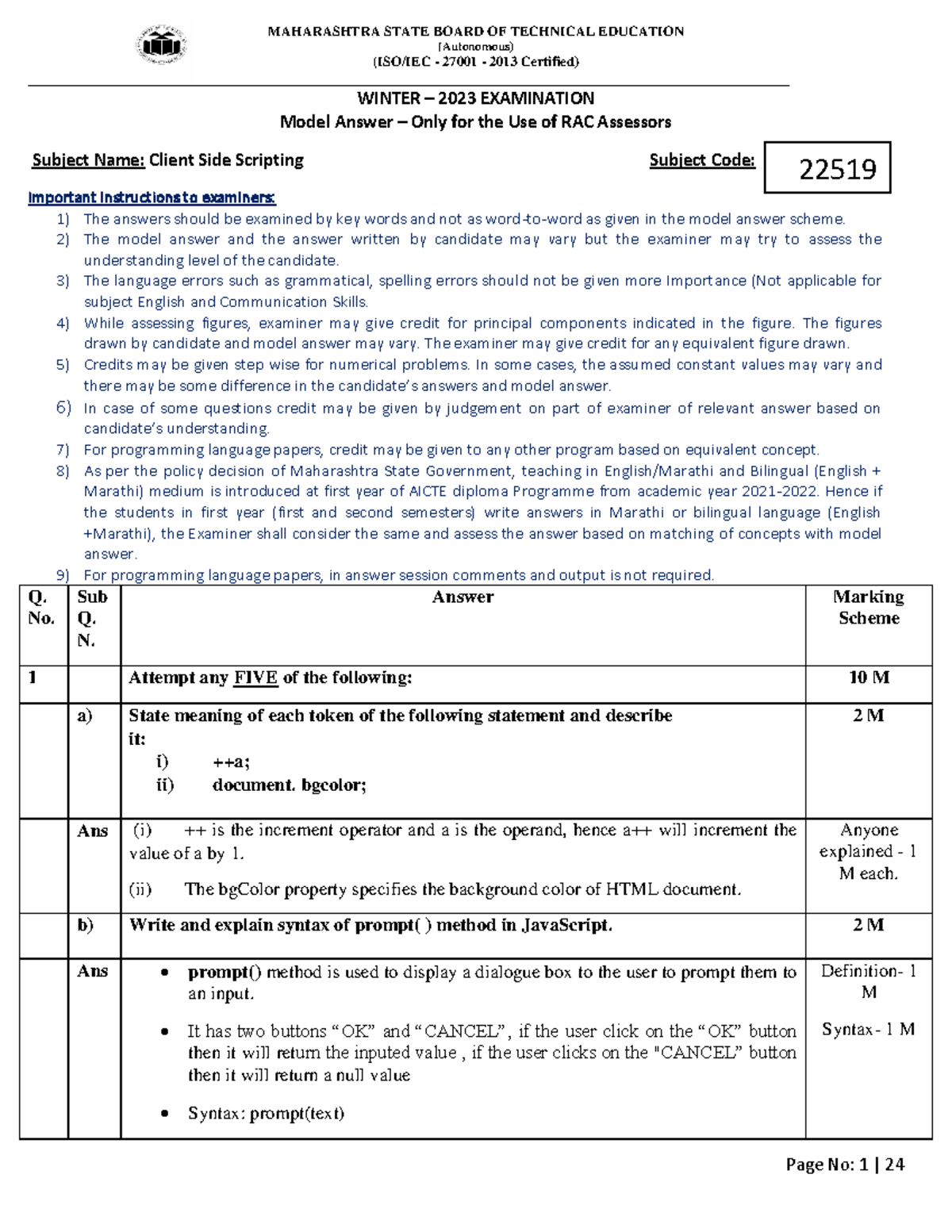 22519 Model Answer Winter 2023 - (Autonomous) (ISO/IEC - 27001 - 2013 Certified) - Studocu