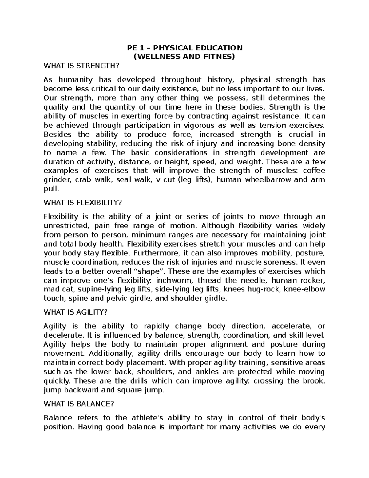 PE 1 - PHED 111: Understanding Strength, Flexibility, Agility & Balance ...