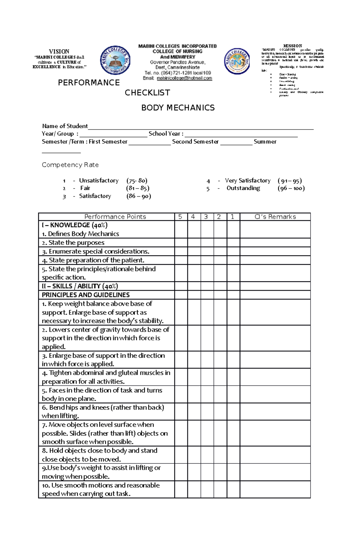 BODY MECHANICS Performance Checklist for Students - Studocu