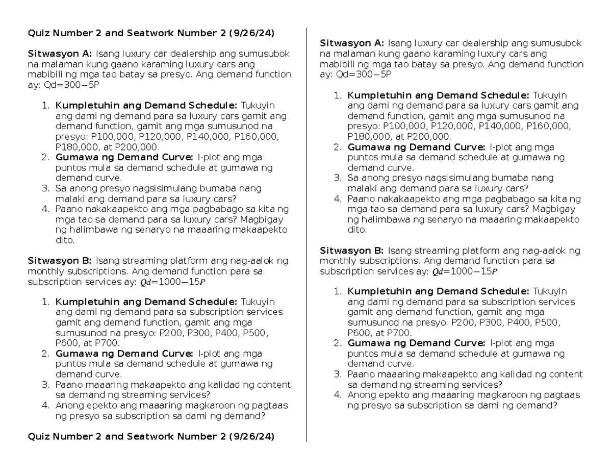 L1. Quiz Number 2 and Seatwork Number 2. Demand - Quiz Number 2 and ...