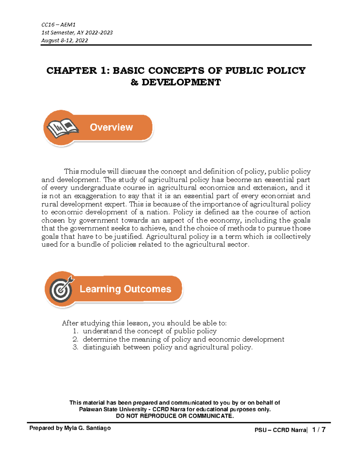 Chapter 1 - Intro to Ag policy - 1st Semester, AY 2022- August 8-12 ...