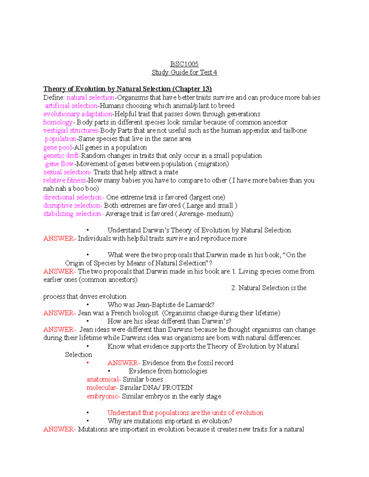 BSC1005 Study Guide for Test 4: Evolution & Population Ecology Insights ...