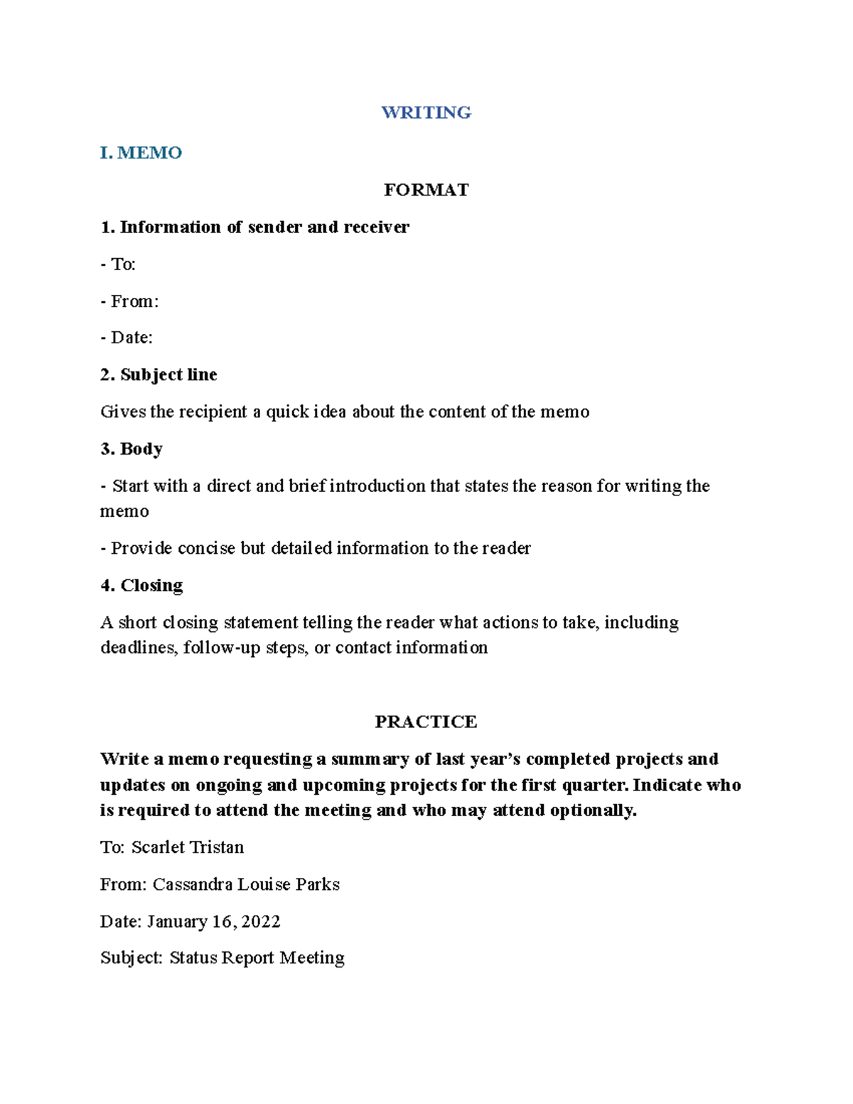 Memo Writing Guidelines and Practice Exercises - Studocu
