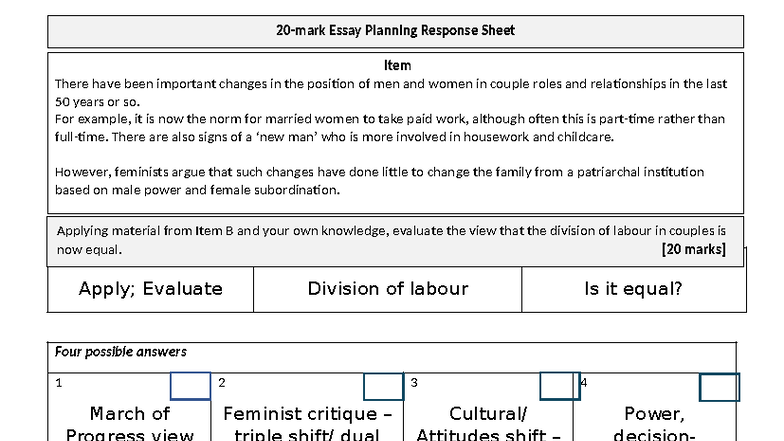 20-Mark Essay Planning: Domestic Division of Labour Evaluation - Studocu