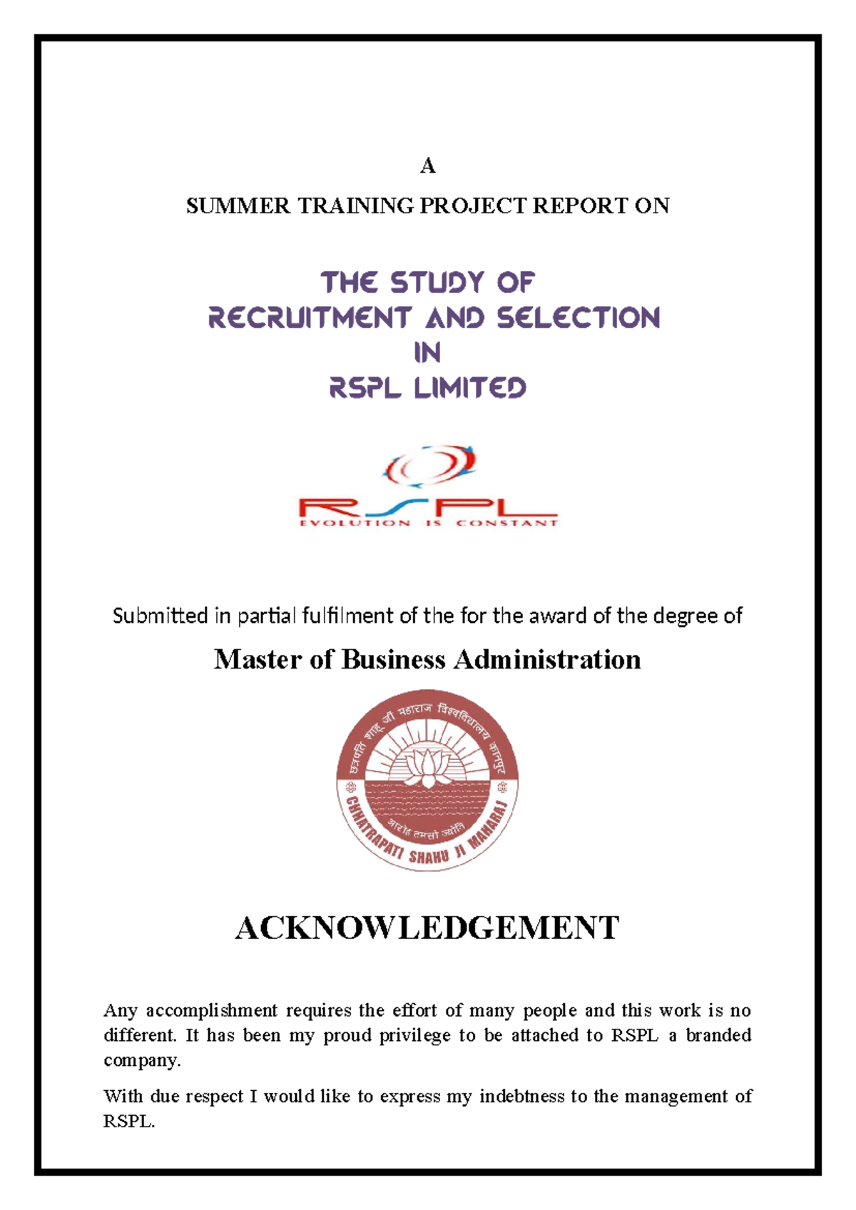 MBA 2023 - Summer Training Project Report on RSPL Group's HR Practices - Studocu