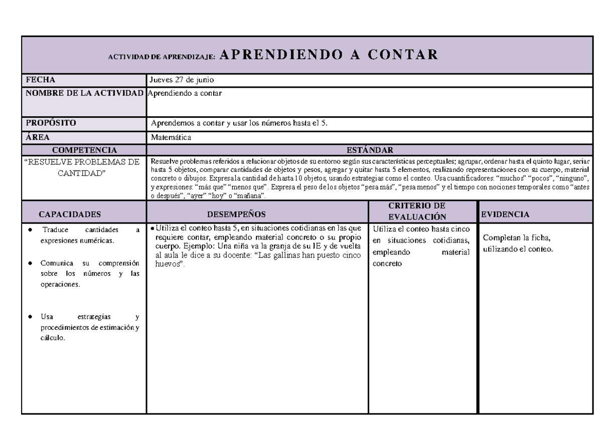 Aprendiendo a Contar Hasta 5: Actividad Matemática para Niños - Studocu