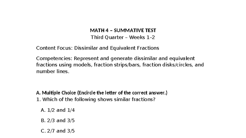MATH 4 SUMMATIVE TEST: Dissimilar & Equivalent Fractions - Studocu