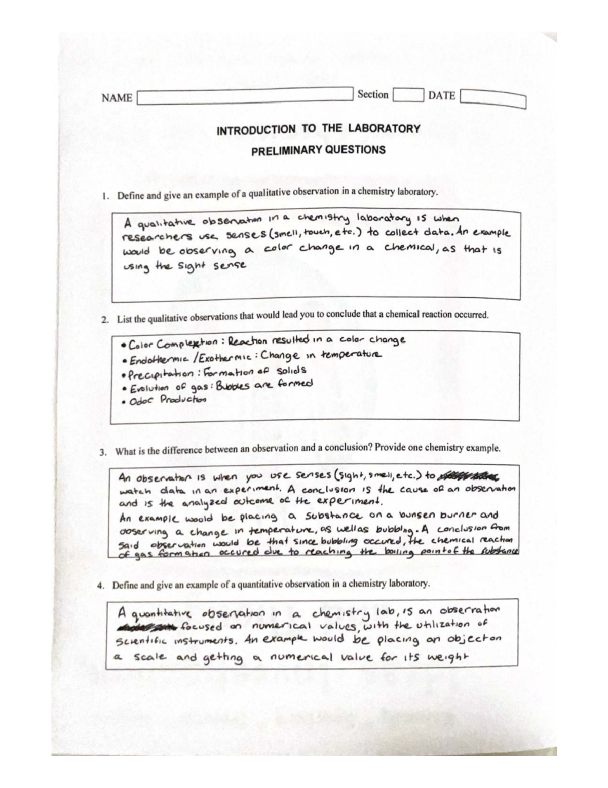 Intro to Chemistry Lab: Preliminary Questions & Answers - Studocu
