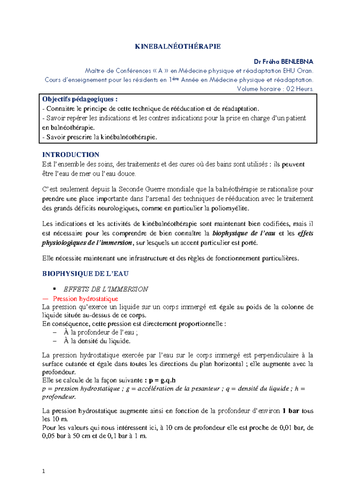 Kinebalnéothérapie - KINEBALNÉOTHÉRAPIE Dr Fréha BENLEBNA Maître de ...