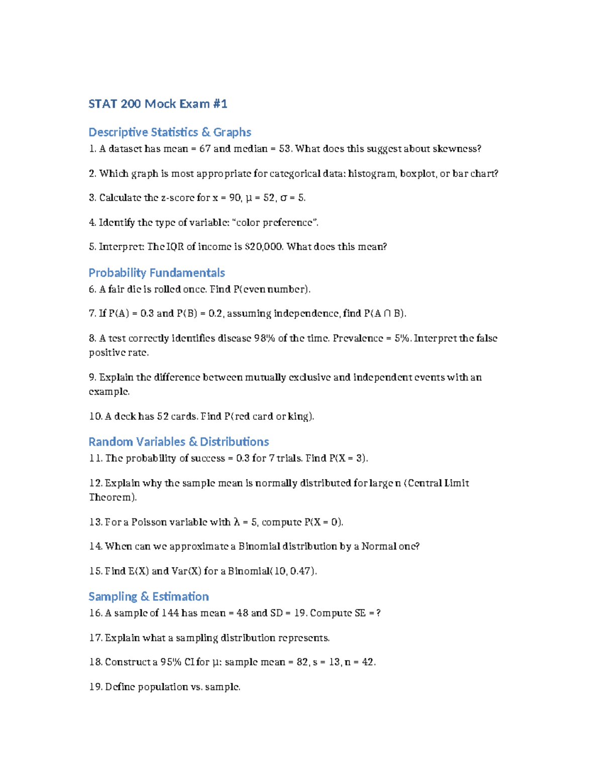 STAT 200 Mock Exam 01 - Descriptive Stats & Probability Questions - Studocu