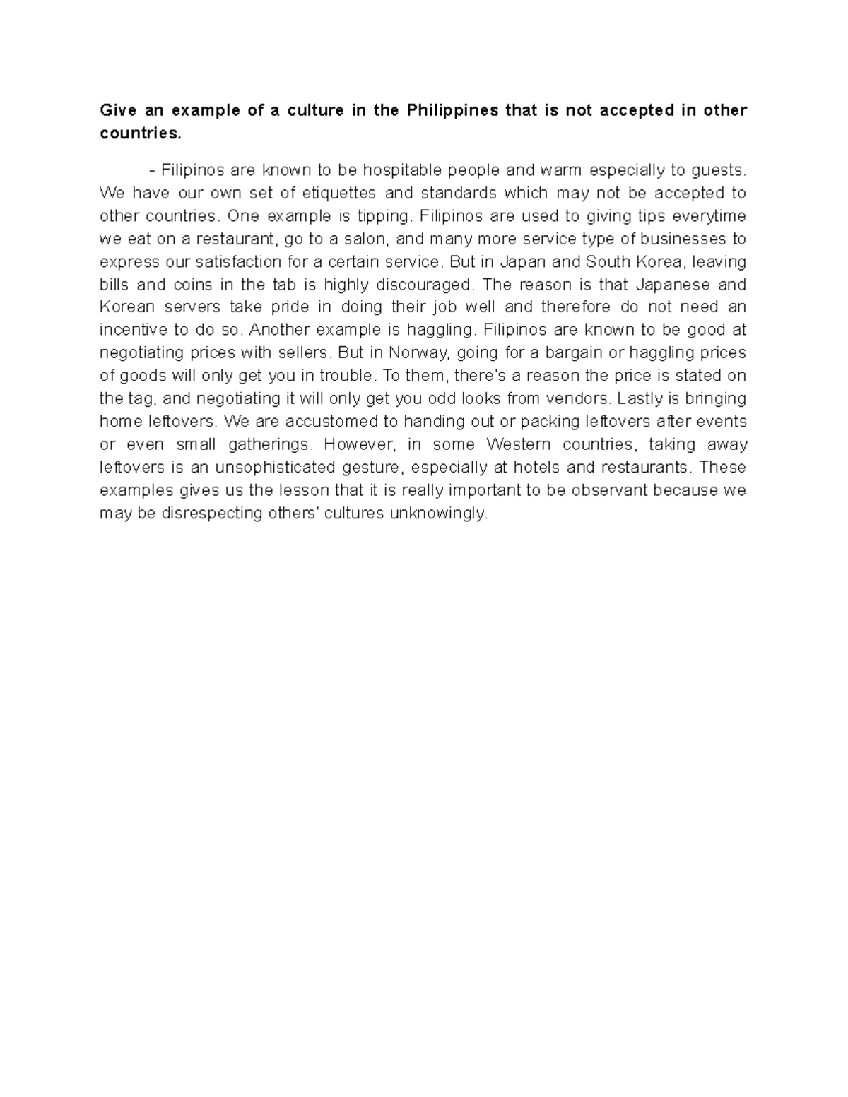 (57) - Essay on Unaccepted Filipino Cultural Practices Abroad - Studocu