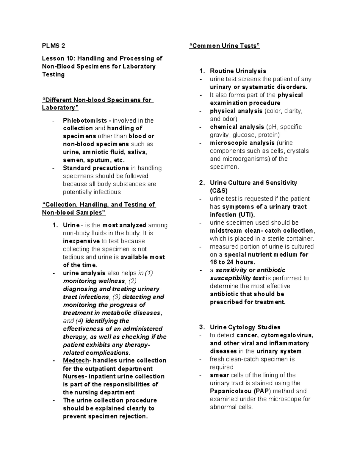 PLMS 2: Lesson 10 on Non-Blood Specimen Processing - Studocu