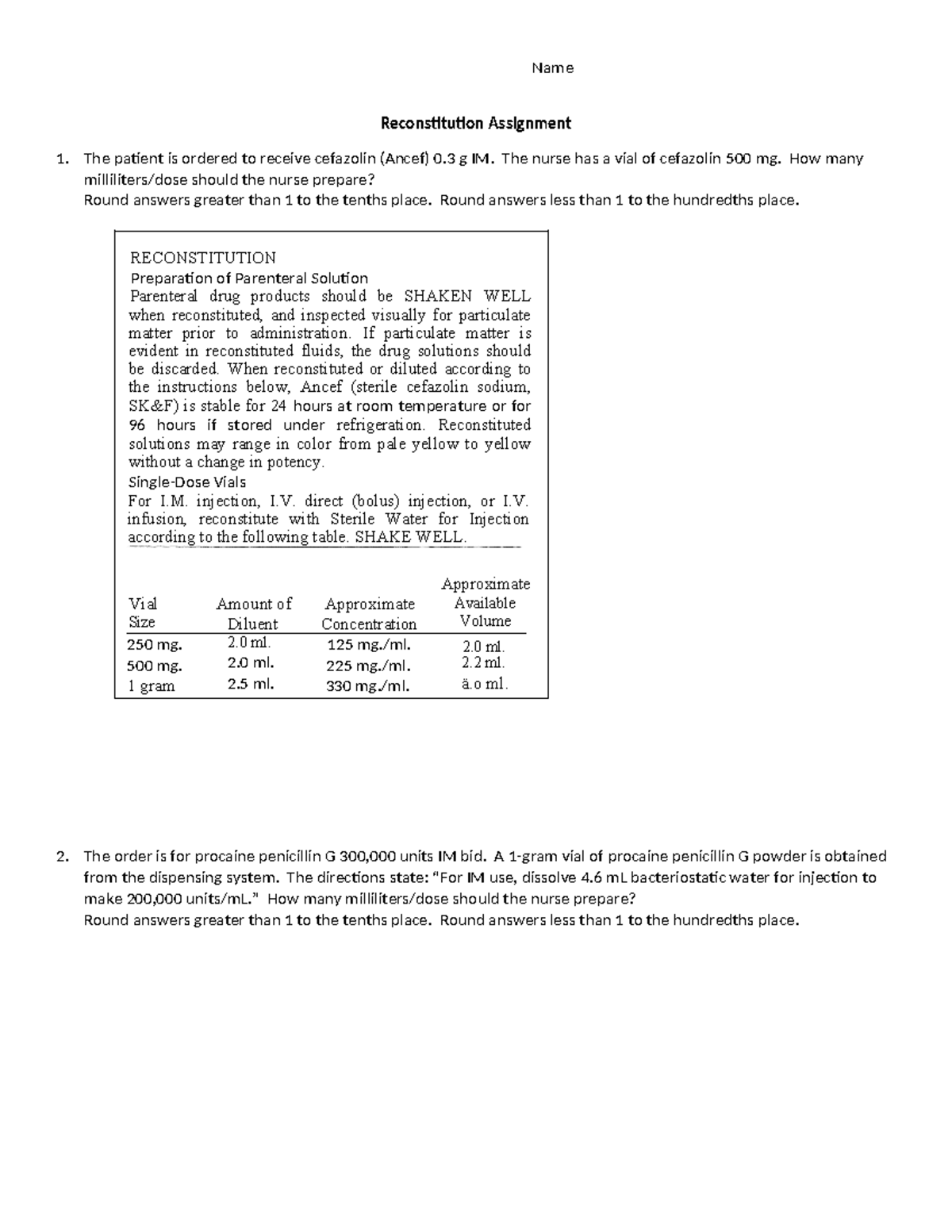 Dosage Calculation for Reconstitution Assignment 1 - Studocu