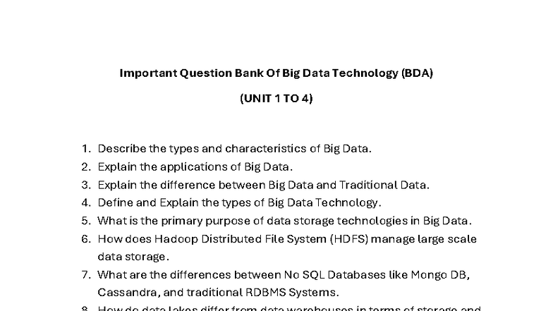 Important Questions for BDA Theory (Units 1-4) - Studocu