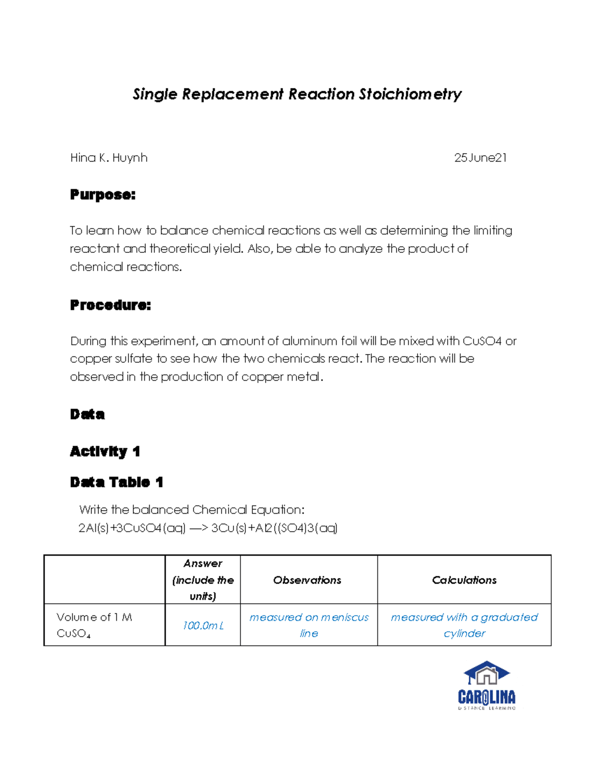M3 Lab Report_ Single Replacement Reaction Stoichiometry - Single ...