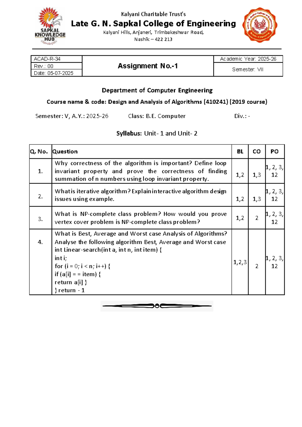 Design and Analysis of Algorithms (410241) - Assignment 1 - Studocu