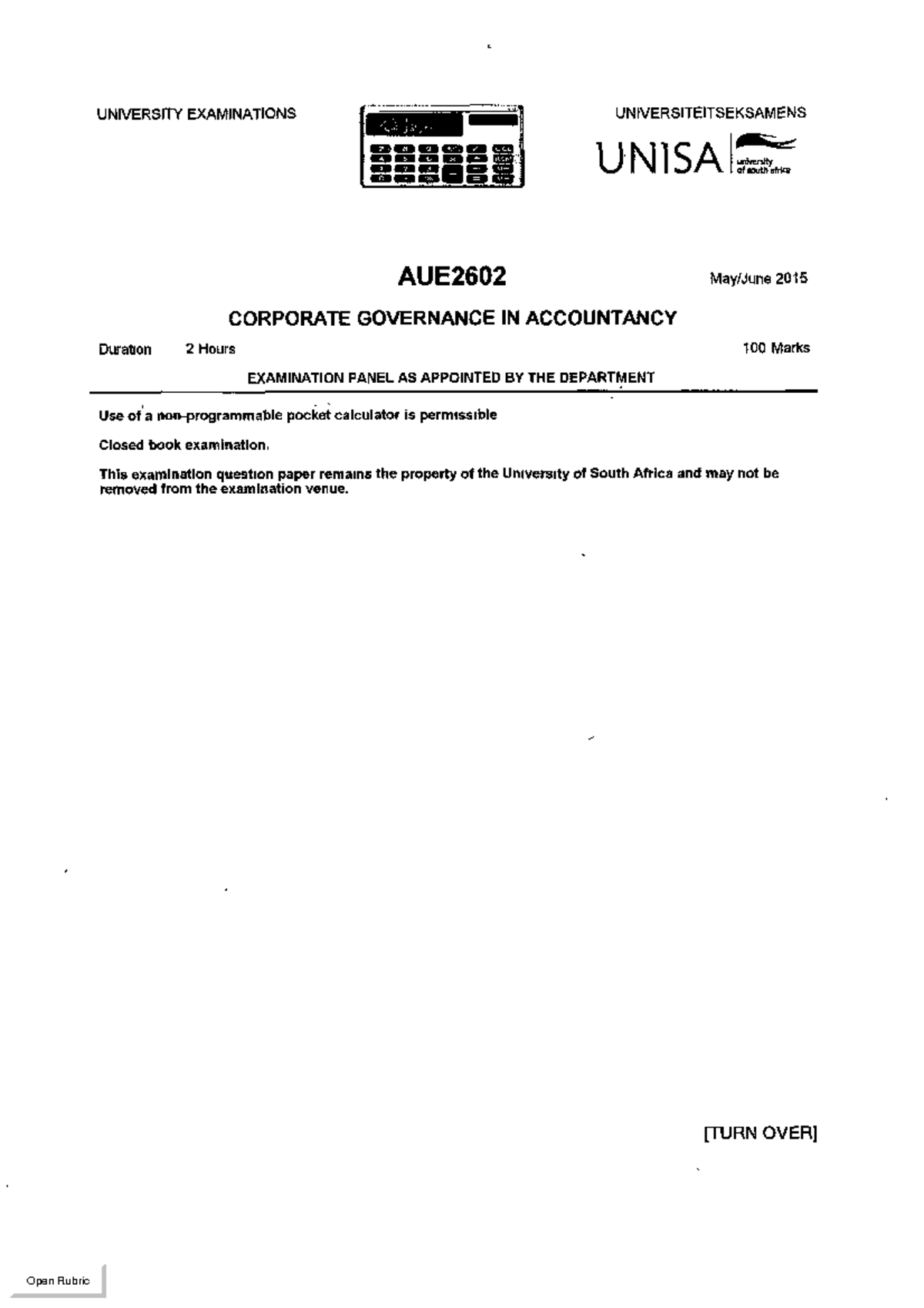 AUE2602 2015 - Corporate Governance Exam Questions Overview - Studocu