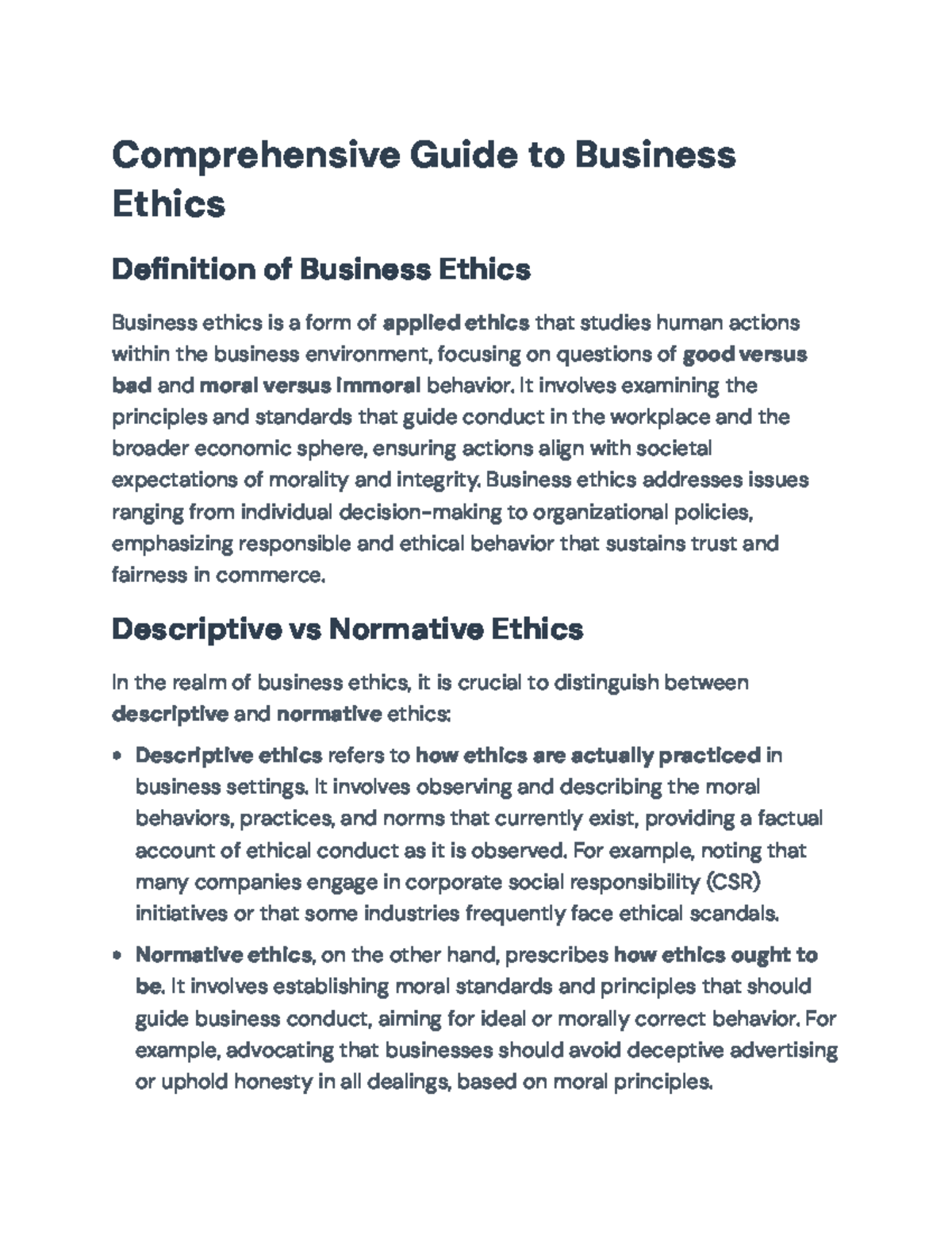 Comprehensive Guide to Business Ethics: Principles & Frameworks - Studocu