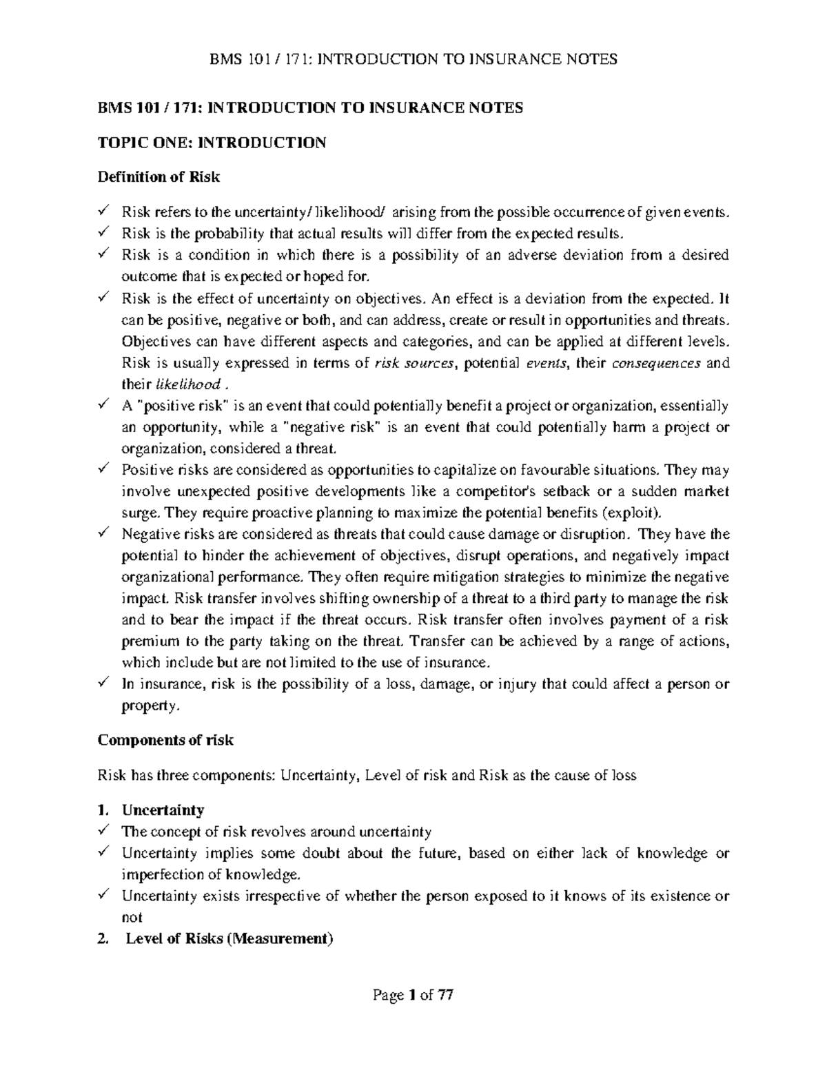 BMS 101 / 171: Comprehensive Introduction to Insurance Notes - BMS 101 ...