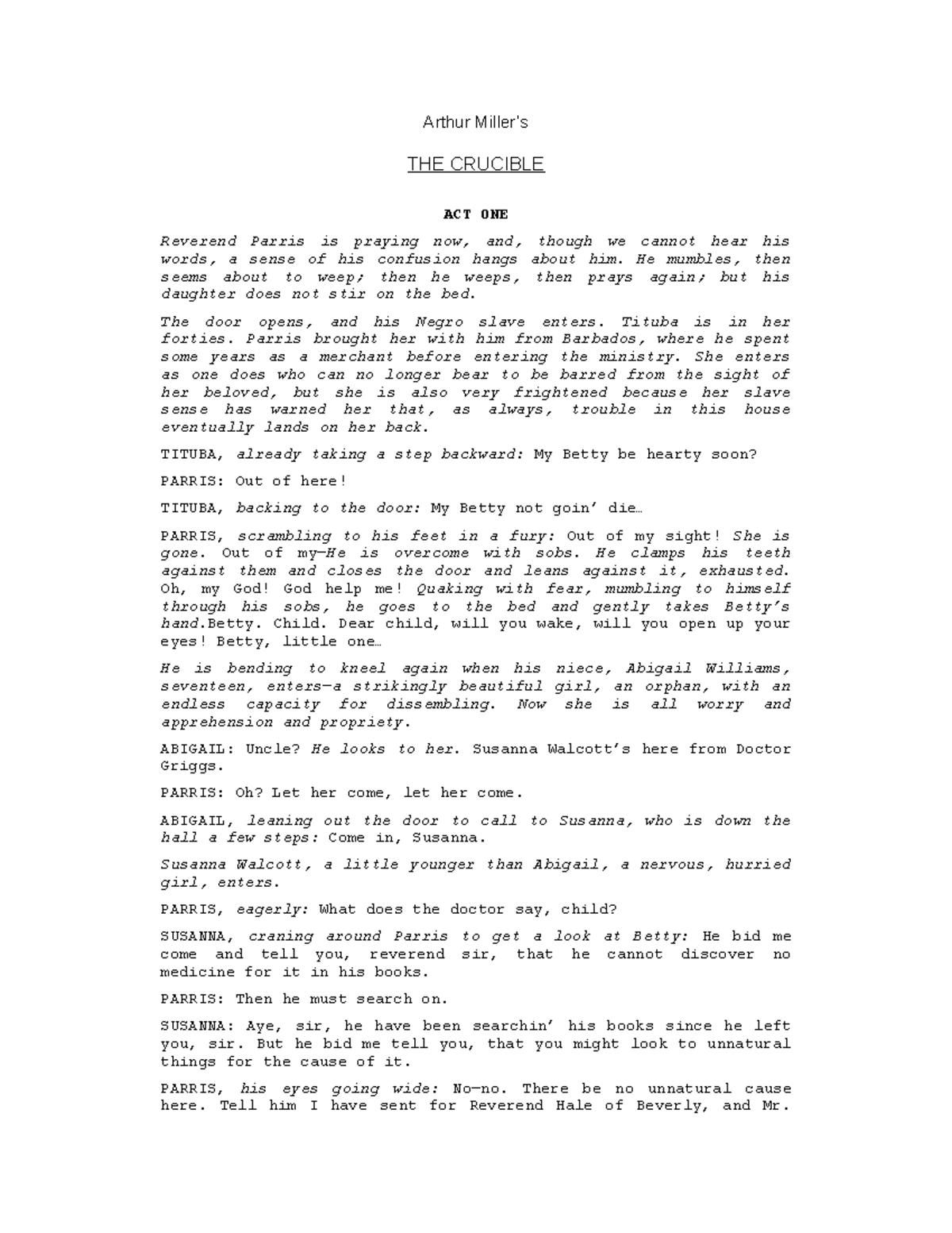 The Crucible (ENG-101) - Act One Full Text Analysis and Insights - Studocu
