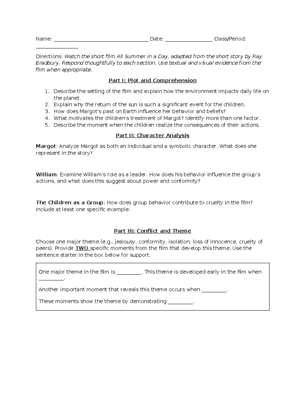 All Summer in a Day - Character Analysis Graphic Organizer - Studocu