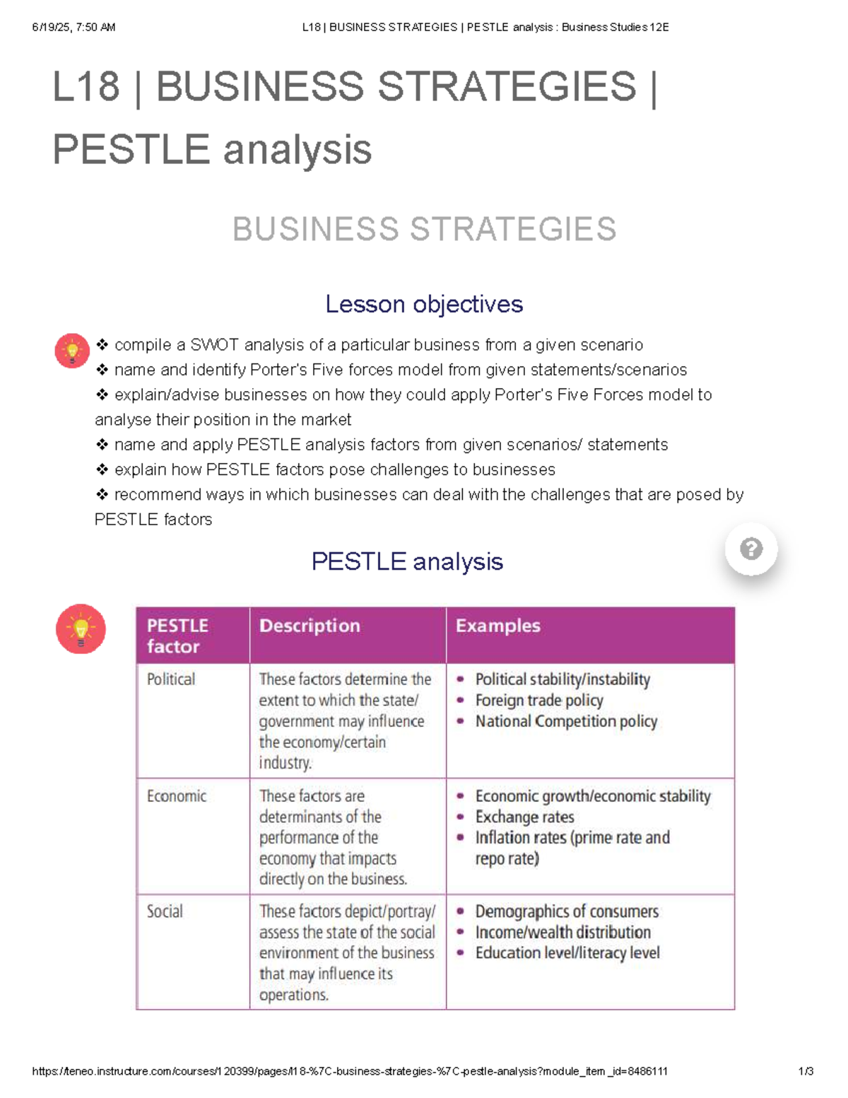 L18 Business Strategies: PESTLE Analysis for Business Studies 12E - Studocu
